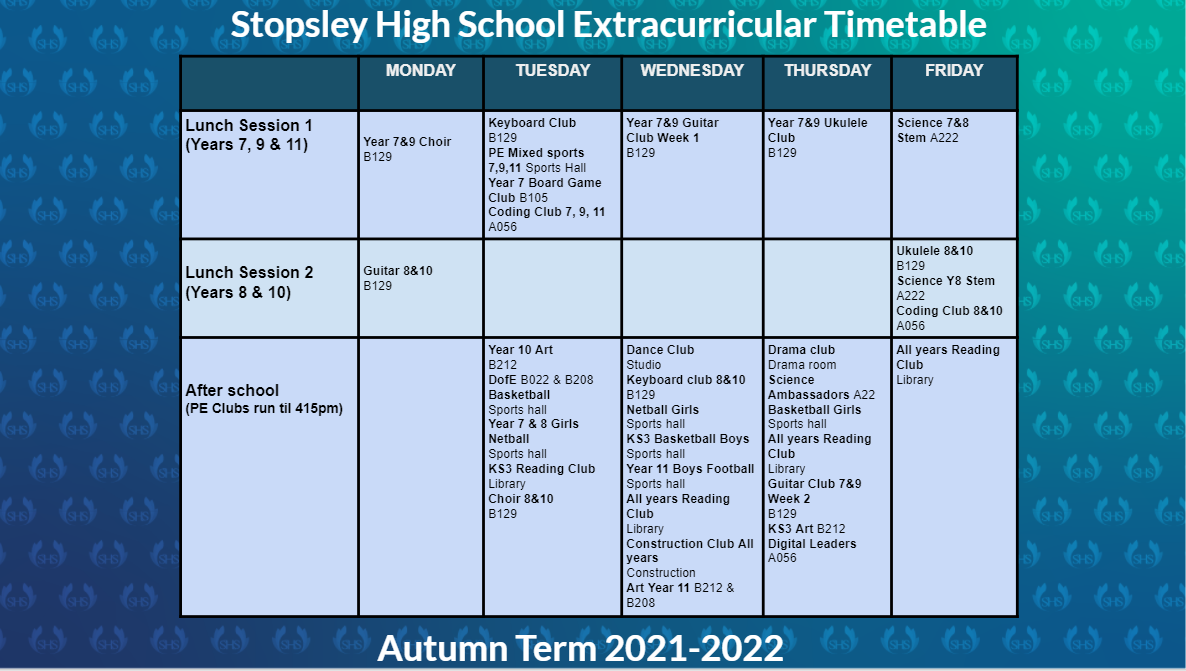 Stopsley High School - Extracurricular Timetable